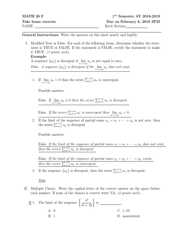 Exercise On Series - Answer Key | PDF | Sequence | Series (Mathematics)