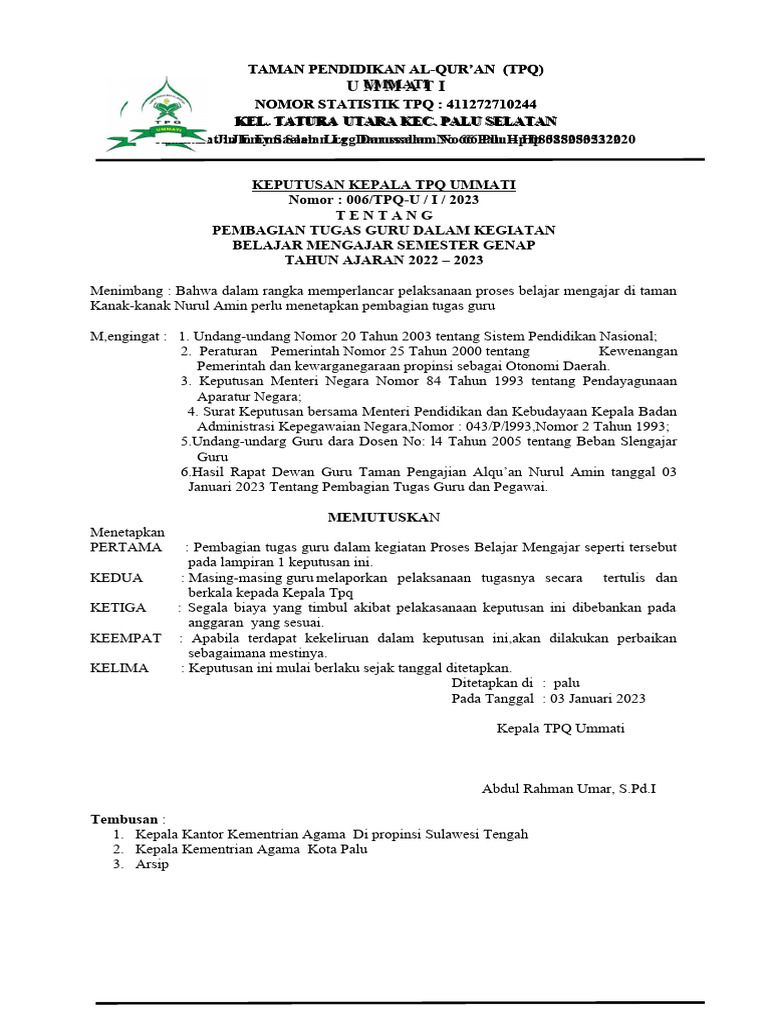 SK Pembagian Tugas TPQ Ummati | PDF