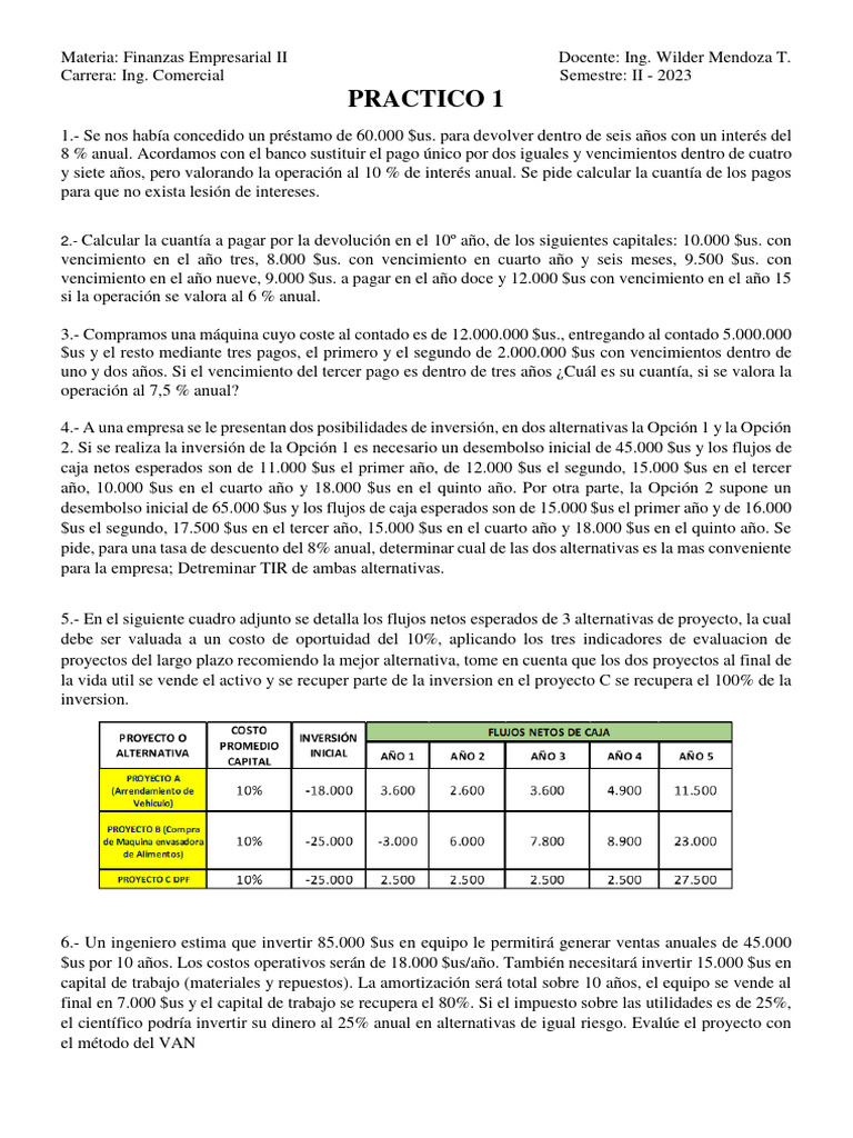 PRACTICO 1 FINANZAS EMPRESARIAL II G-II-23 UPDS | PDF | Inversiones | Flujo de efectivo