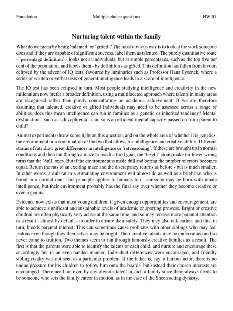 (HW Rea 1) MCQs. Talent & Environment | PDF