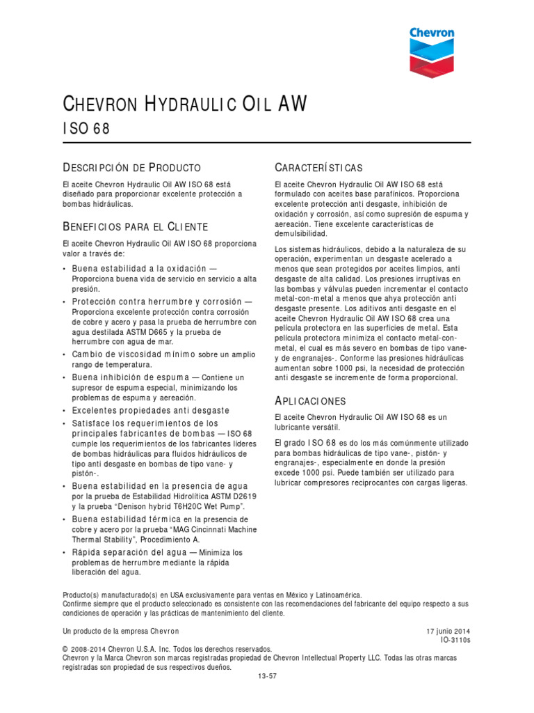 Chevron Hydraulic Oil Aw 68 | PDF