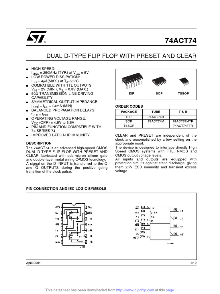 74ACT74 - Dual D-Type FF With Preset and Clear | PDF 74ACT74 - Dual D-Type FF With Preset and Clear | PDF