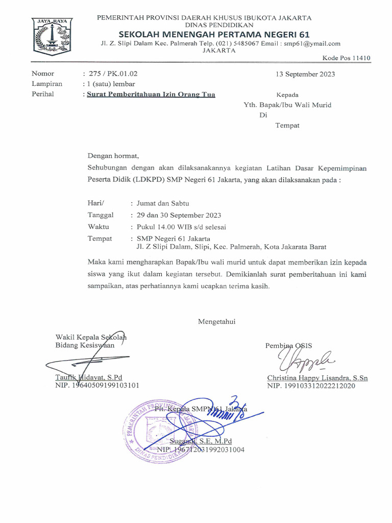 Pemberitahuan Izin Orang Tua Pelaksanaan LDKPD | PDF