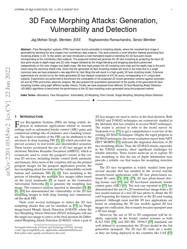 (Accepted) 2022-3D Face Morphing Attacks Generation - Vulnerability and Detection | PDF
