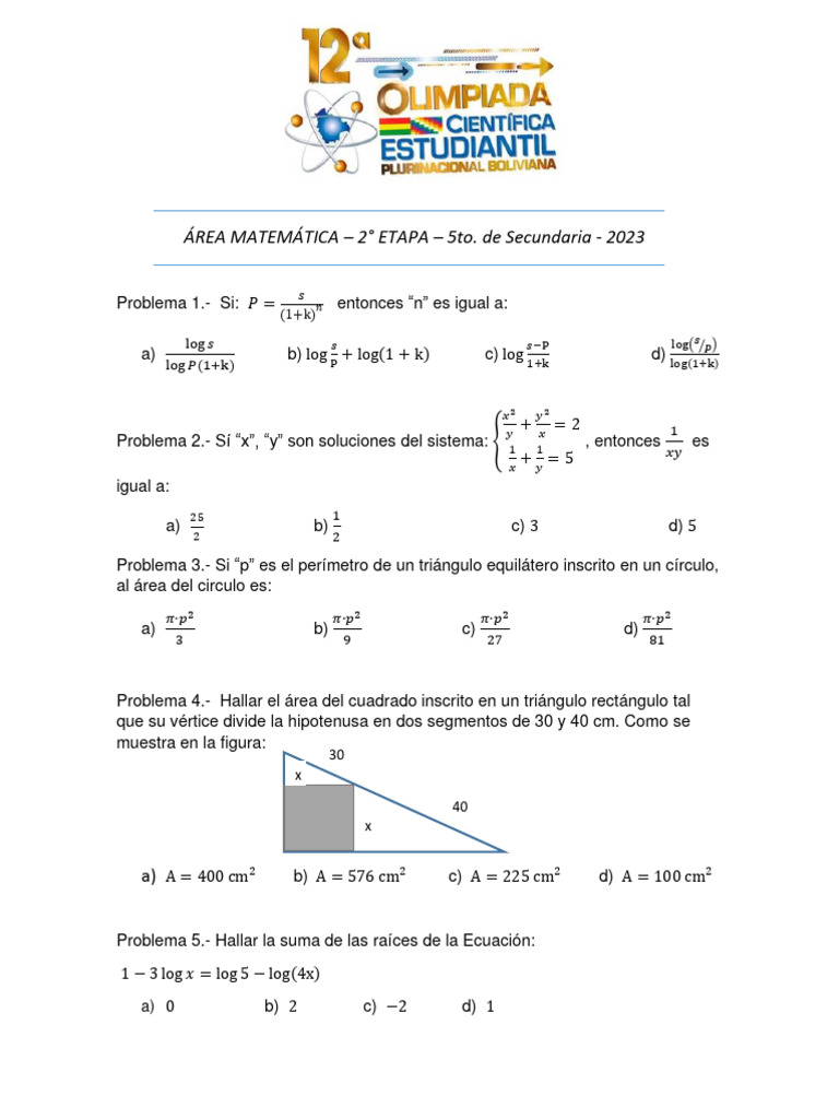 Ejercicios Propuestos 12va Olimpiada - Mate (5 Sec - 2da Etapa 2023) | PDF