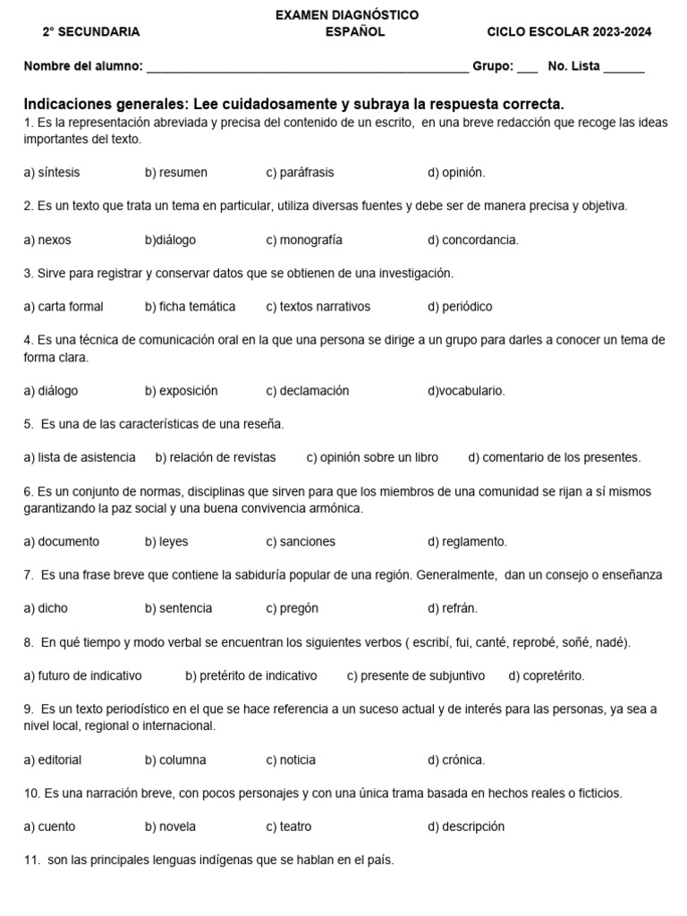 Examen Diagnóstico 2° Secundaria Español Ciclo Escolar 2023-2024 | PDF