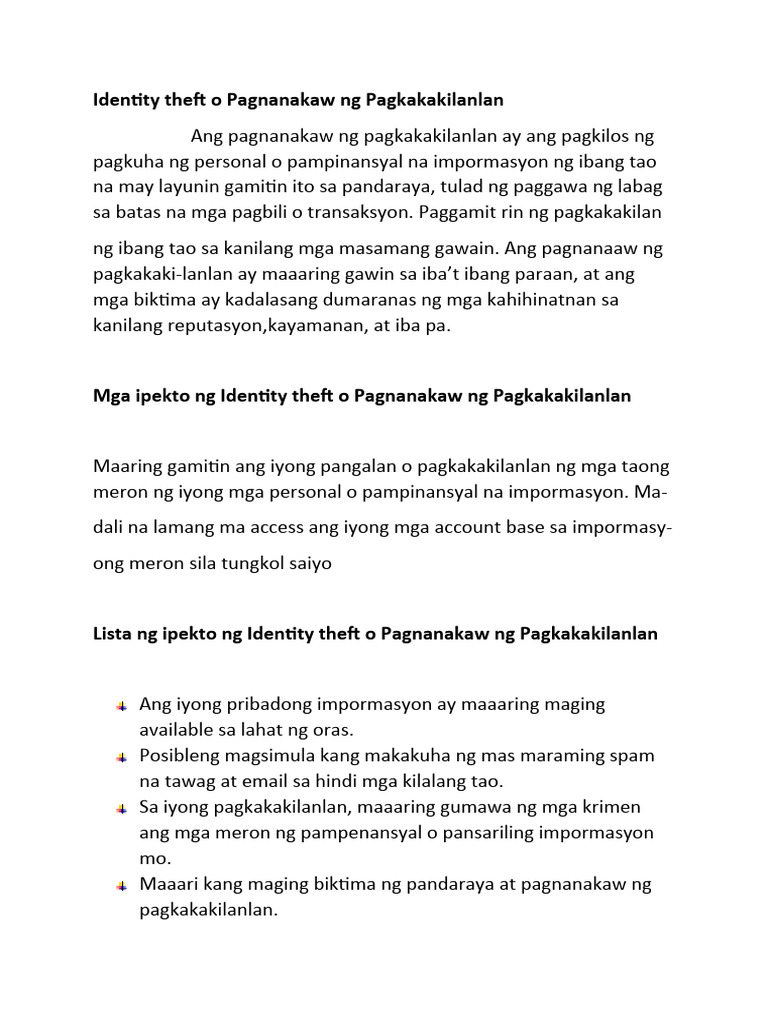 Identity theft o Pagnanakaw ng Pagkakakilanlan | PDF