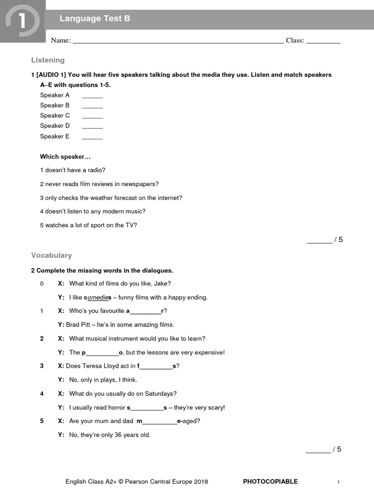 ECA2+ Tests Language Test 1B 2018 | PDF