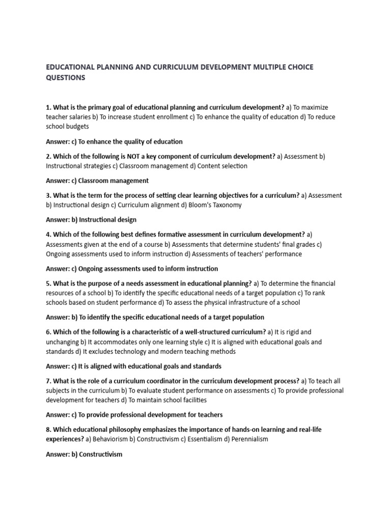 Educational Planning MCQs for Curriculum Development | PDF