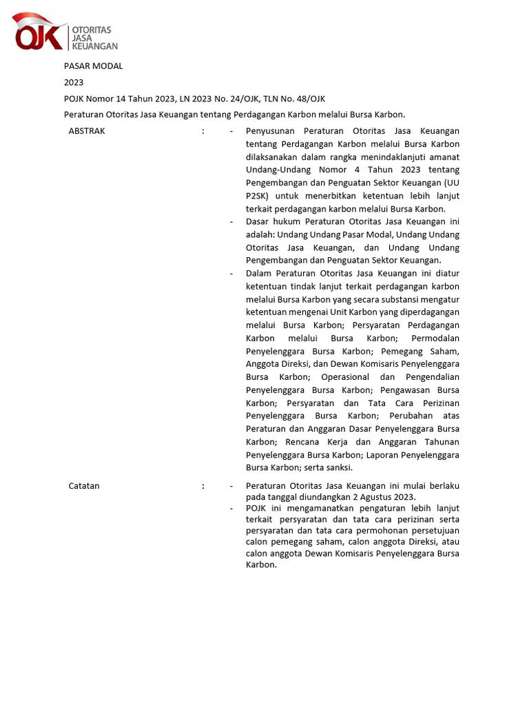 POJK 14/2023 Perdagangan Karbon | PDF