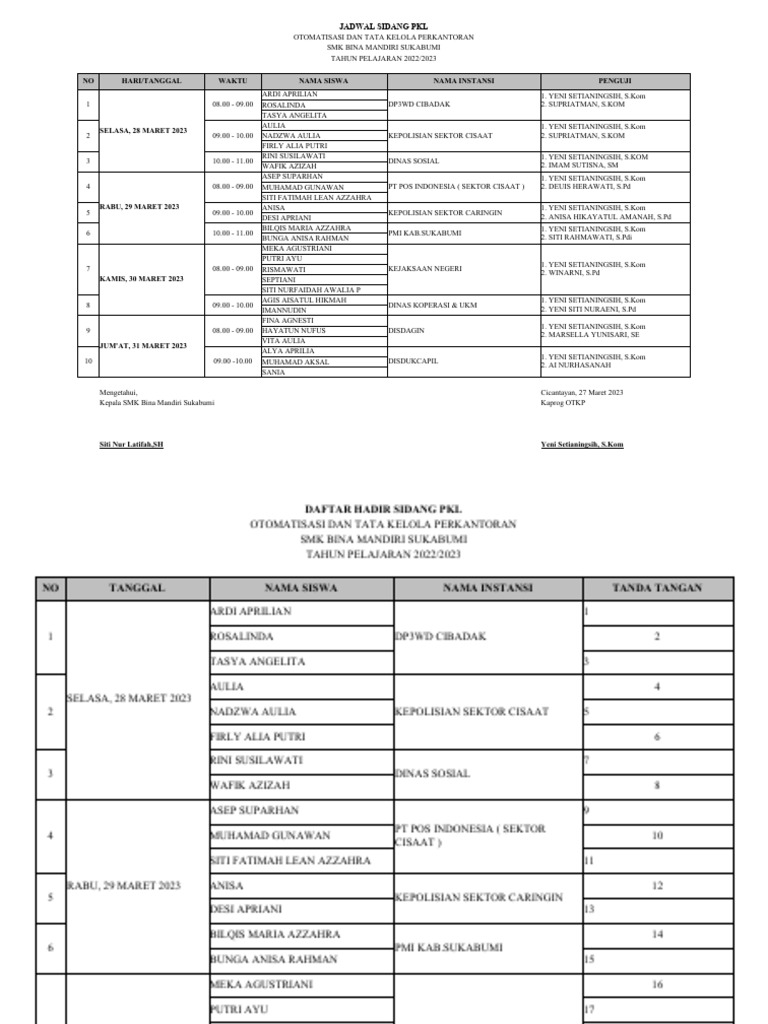 Jadwal Sidang PKL Otkp | PDF