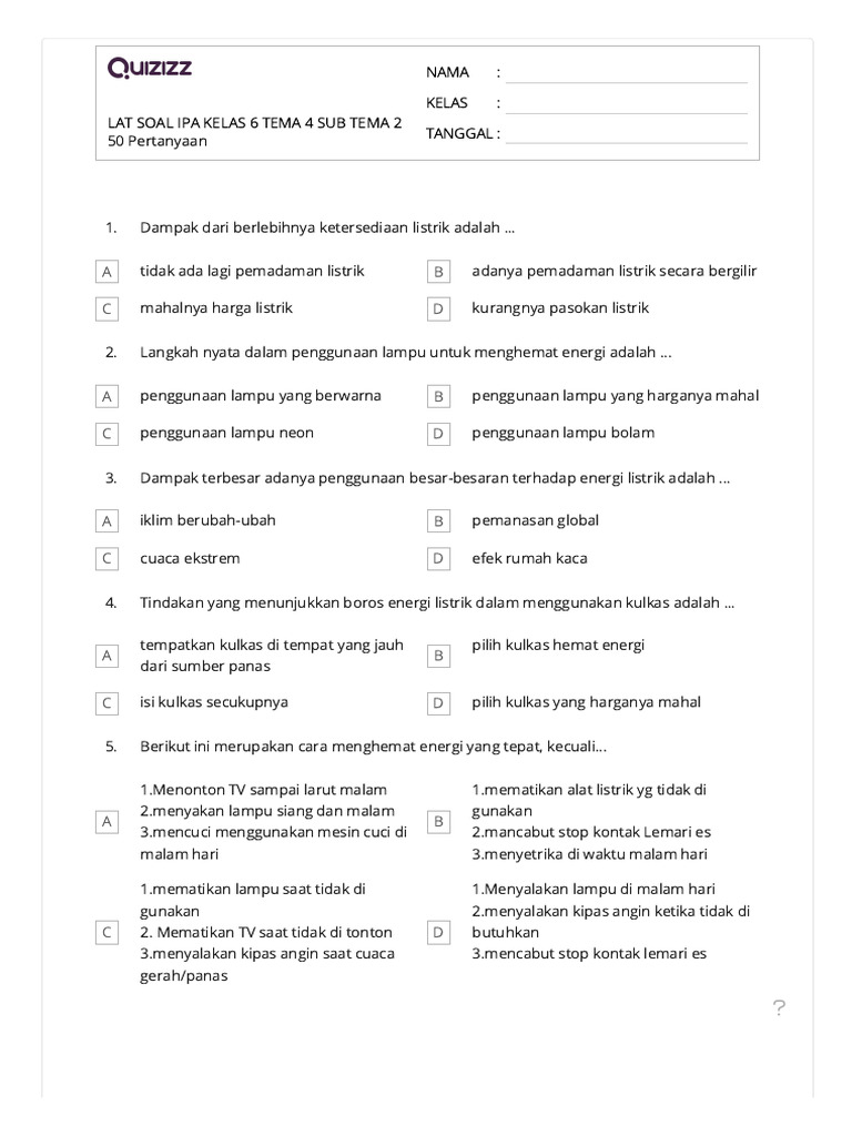 Lat Soal Ipa Kelas 6 Tema 4 Sub Tema 2 | PDF