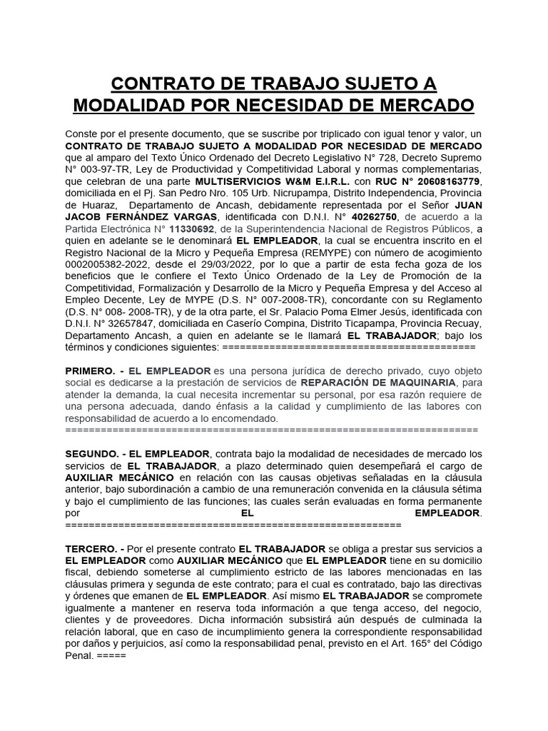 Contrato de Trabajo Sujeto A Modalidad Por Necesidad de Mercado ... Contrato de Trabajo Sujeto A Modalidad Por Necesidad de Mercado ...
