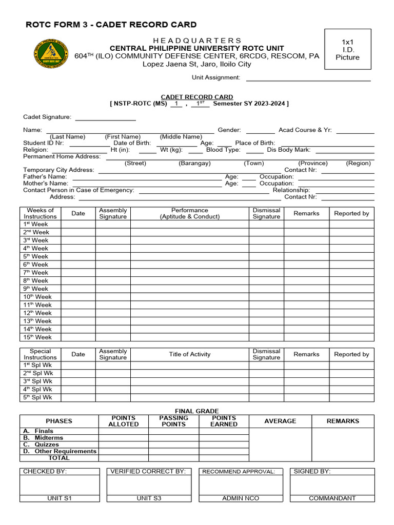 Rotc Form 3 - Cadet Record Card | PDF