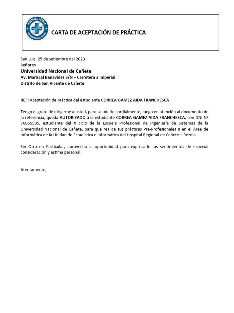 4.formato Carta Aceptacion Practica | PDF
