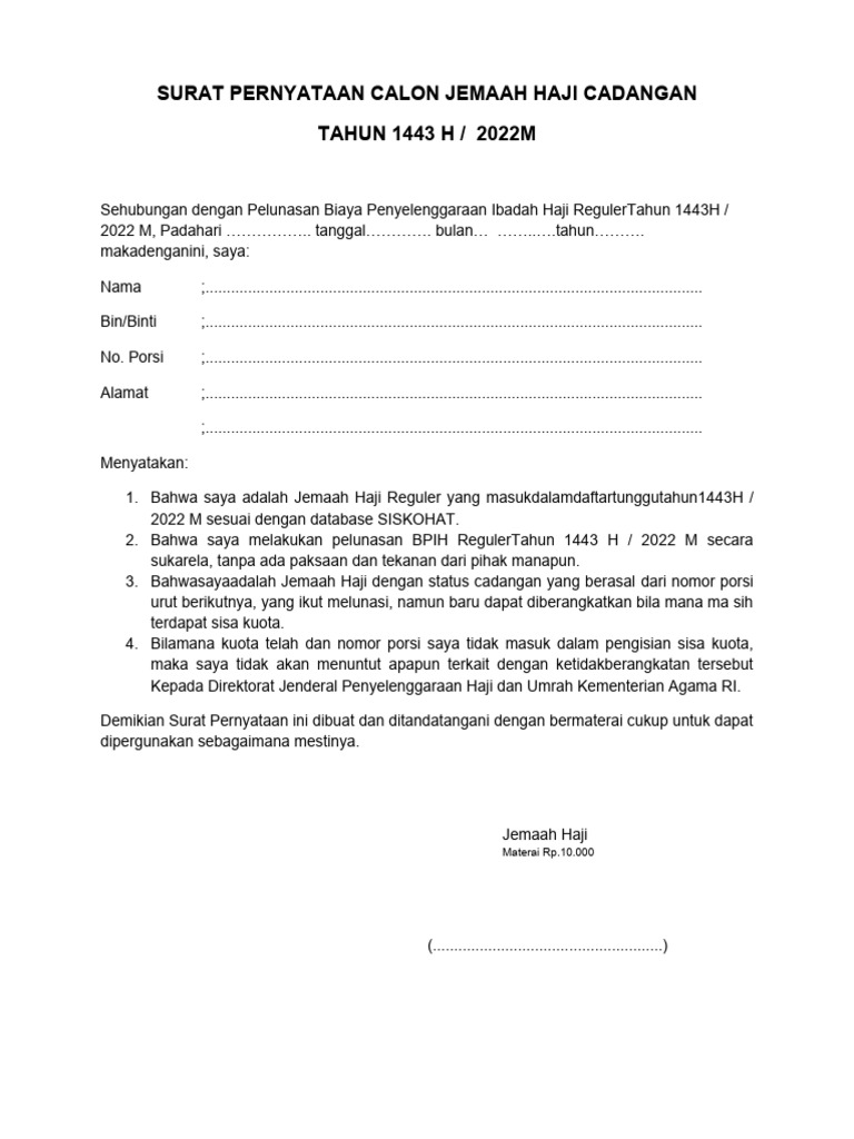 Surat Pernyataan Calon Jemaah Haji Cadangan 2022 | PDF