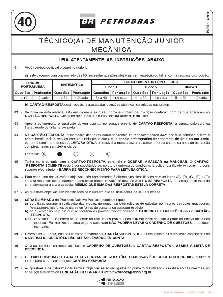 Prova 40 Tecnico A de Manutencao Jnior Mecanica | PDF