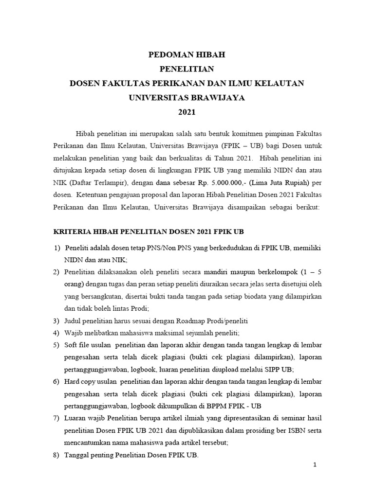 Panduan Hibah Penelitian Dosen FPIK UB | PDF