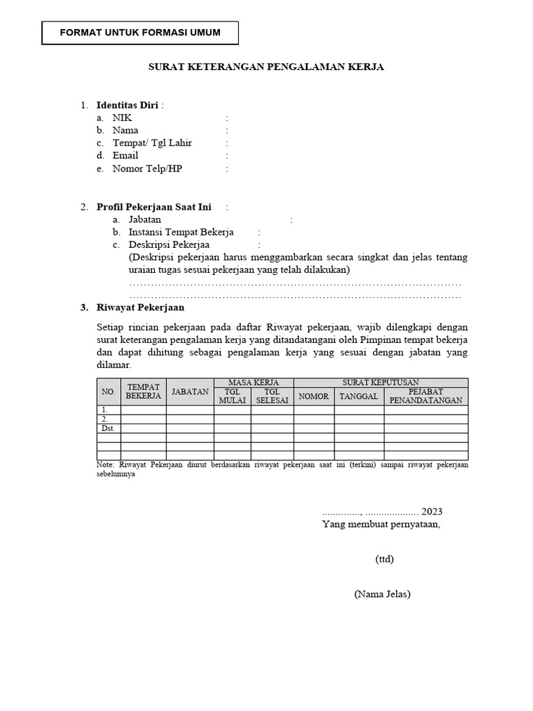 Lampiran 6. Format Surat Keterangan Pengalaman Kerja - Umum | PDF