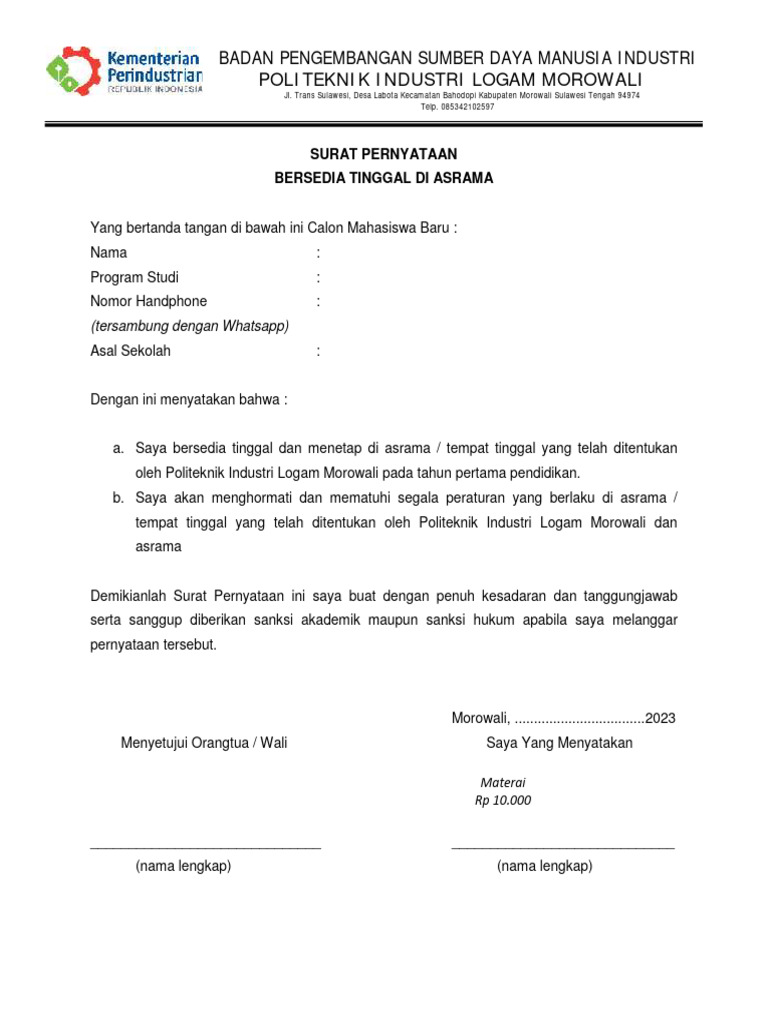 Surat Pernyataan Bersedia Tinggal Di Asrama | PDF