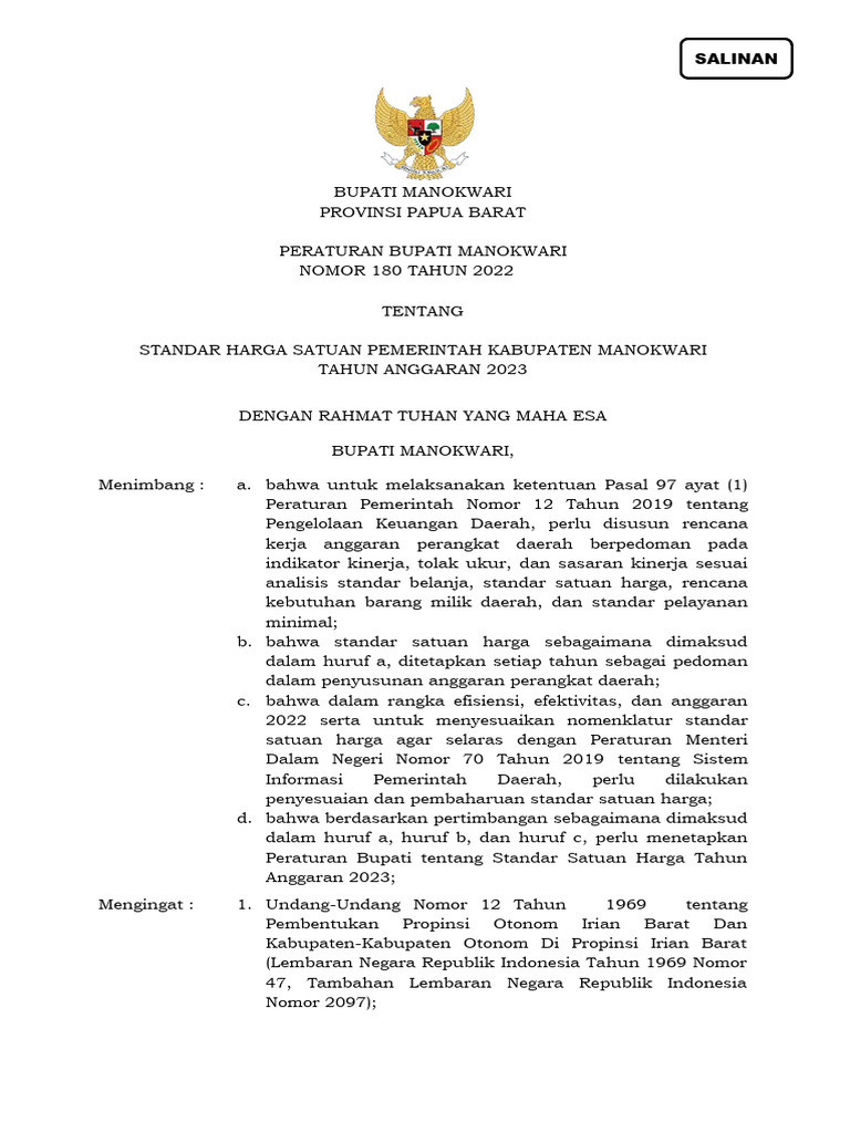 Perbup 180 Standar Harga Satuan Tahun 2023 | PDF