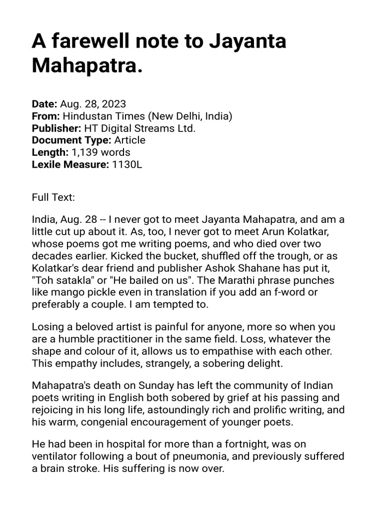A Farewell Note To Jayanta Mahapatra | PDF | Poetry | General Fiction