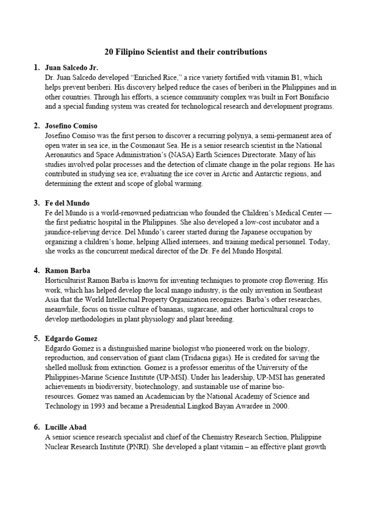 20 Filipino Scientist and Their Contributions | PDF