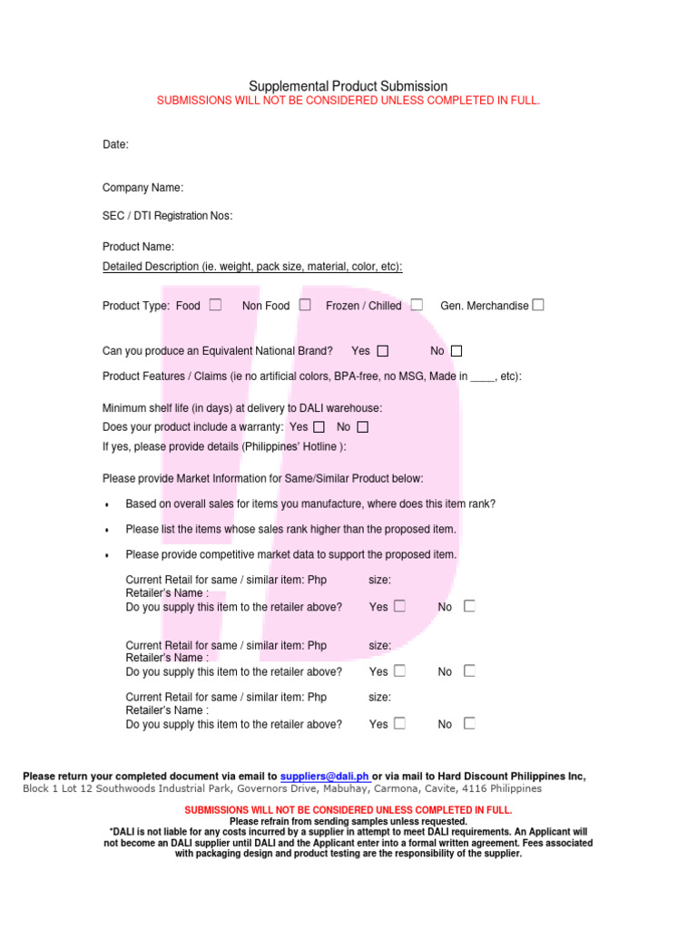 DALI Supplemental Product Submission Form | PDF