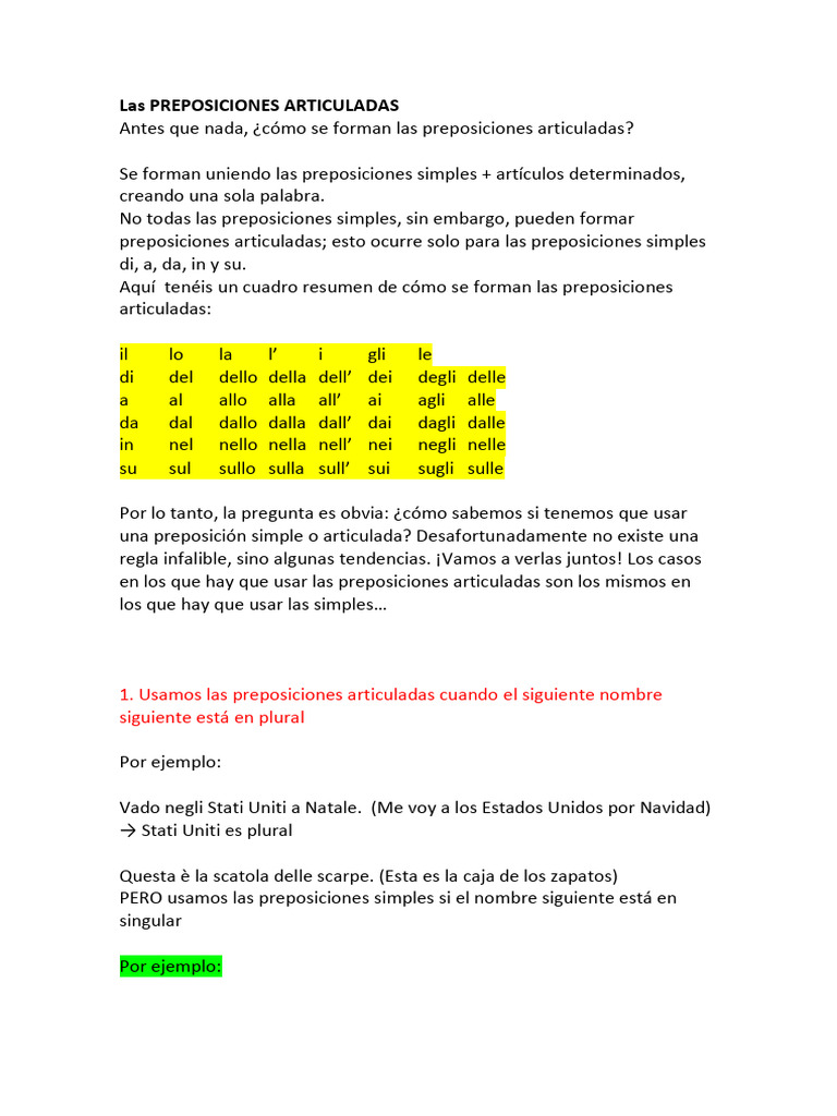 Le Preposizioni Articolate (Las Preposiciones Articuladas)(2) | PDF ...