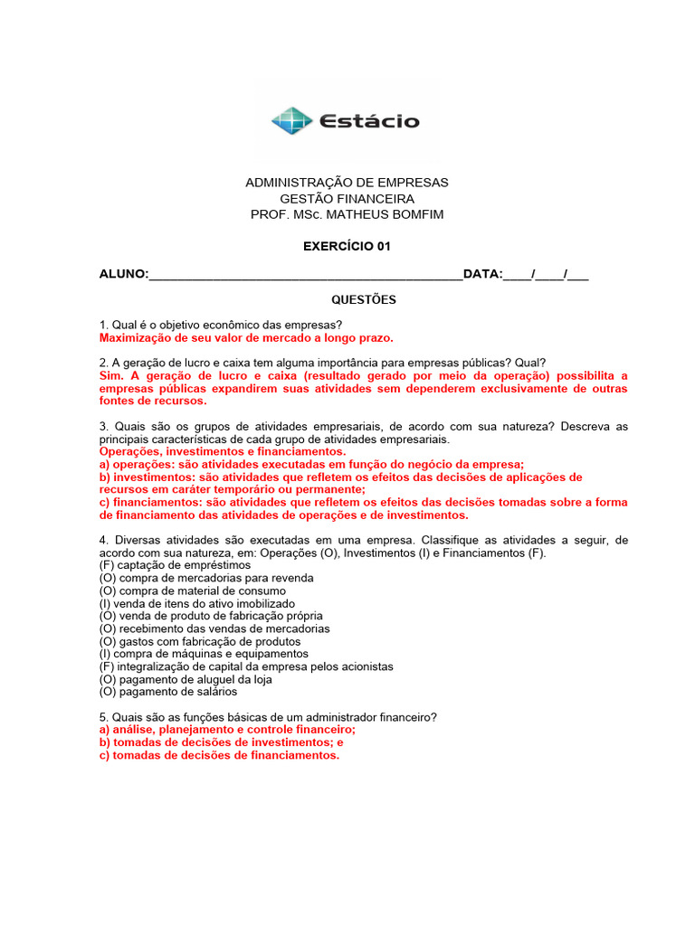 Exerc Cio Cap 01 - Gabarito | PDF | Investimentos | Economia financeira