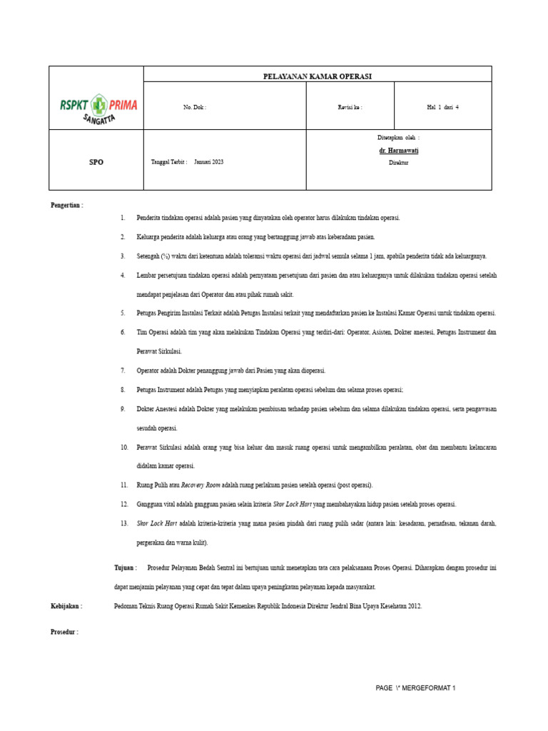 Spo Pelayanan Kamar Operasi Pdf
