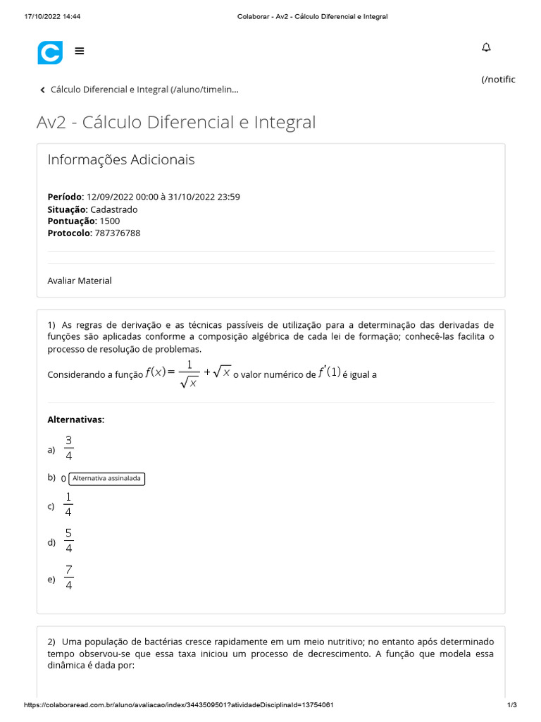 Av2 - Cálculo Diferencial e Integral | PDF | Cálculo | Derivado