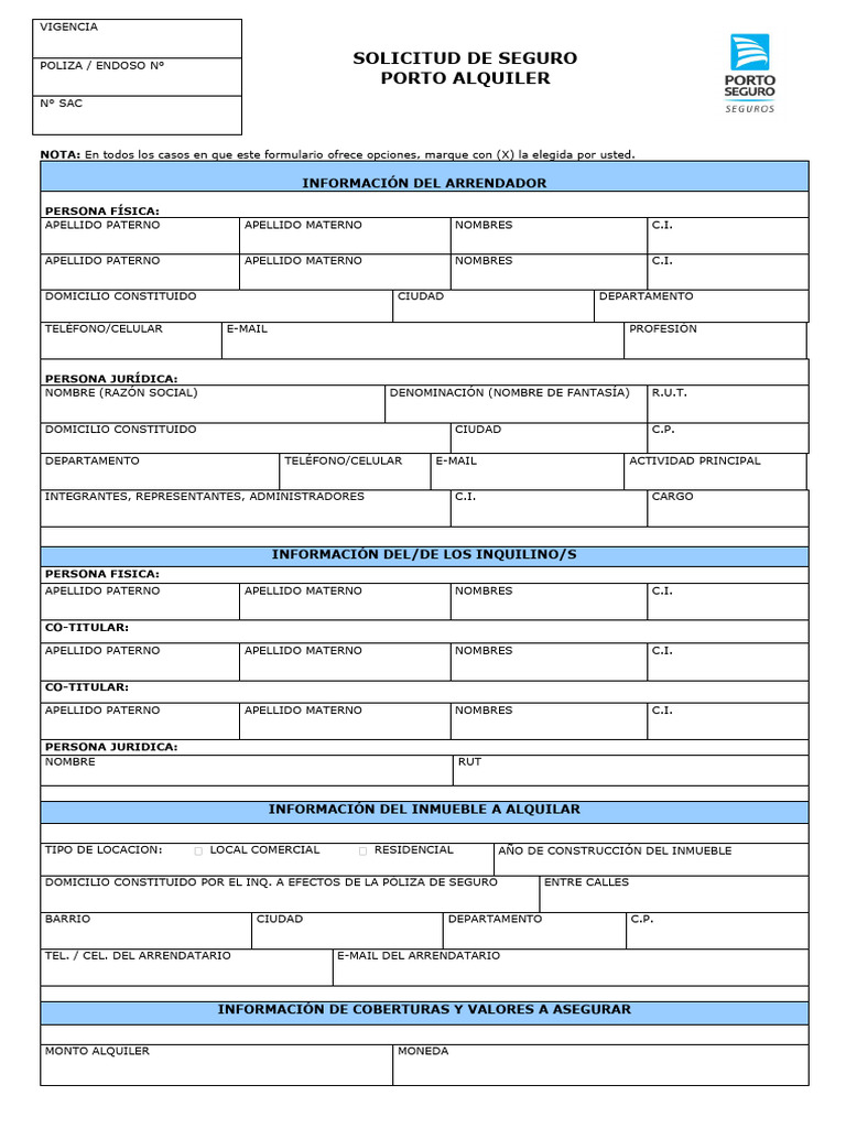 Solicitud de Seguro Porto Alquiler | PDF