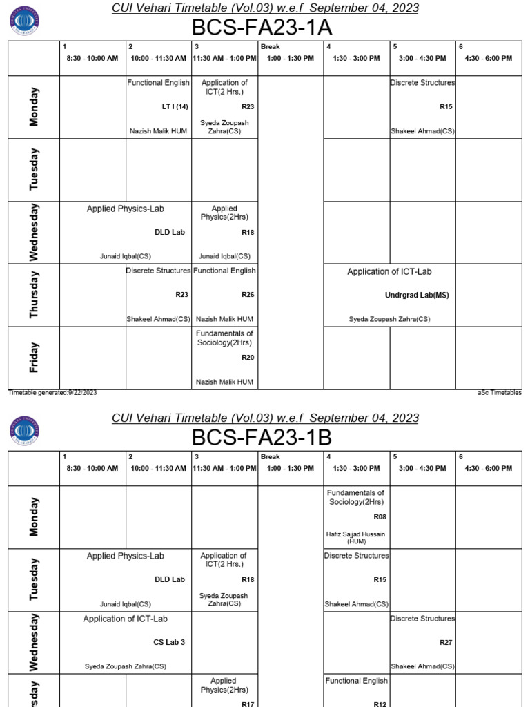 CUI Timetable V4 | PDF | Mathematics