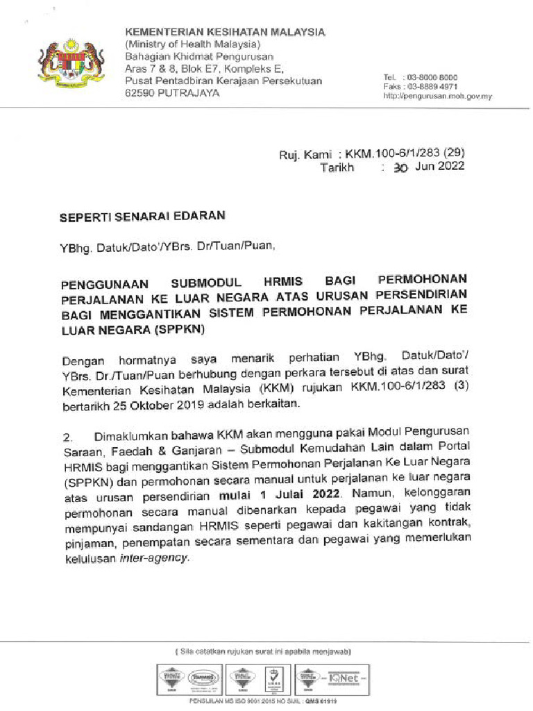SURAT EDARAN KKM PERMOHONAN PERJALANAN KE LUAR NEGARA ATAS URUSAN PERSENDIRIAN-compressed | PDF