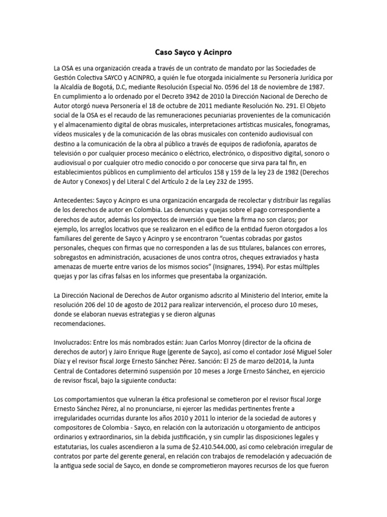 Caso Sayco y Acinpro | PDF