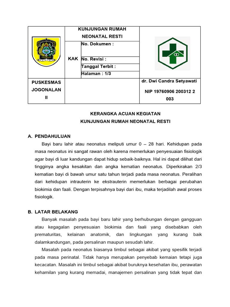 kAK Kunjungan Rumah Neonatal Resti | PDF