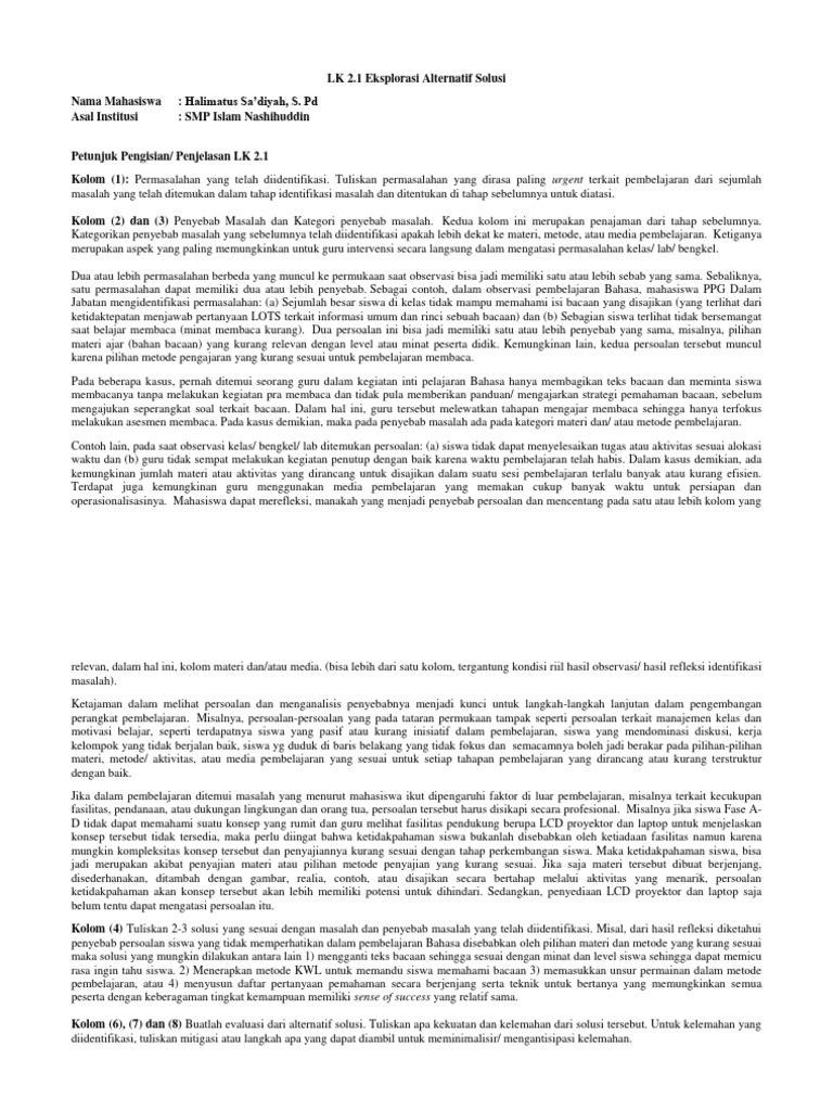 LK 2.1 Eksplorasi Alternatif Solusi - Halimatus Sa'diyah | PDF | Seni & Disiplin Bahasa | Sains ...