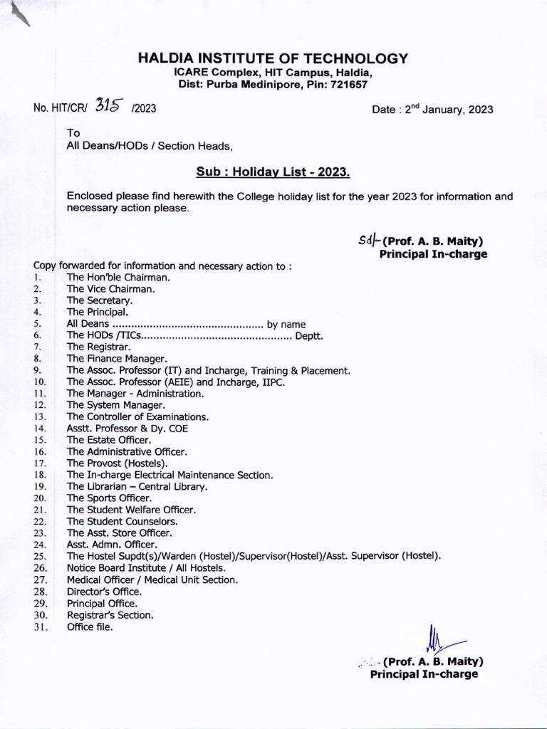 Haldia Institute Holiday List 2023 | PDF