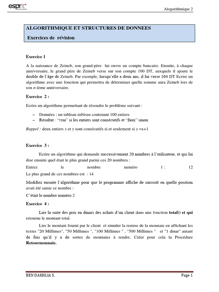 Algorithmique Et Structures de Donnees Exercices de Révision | PDF