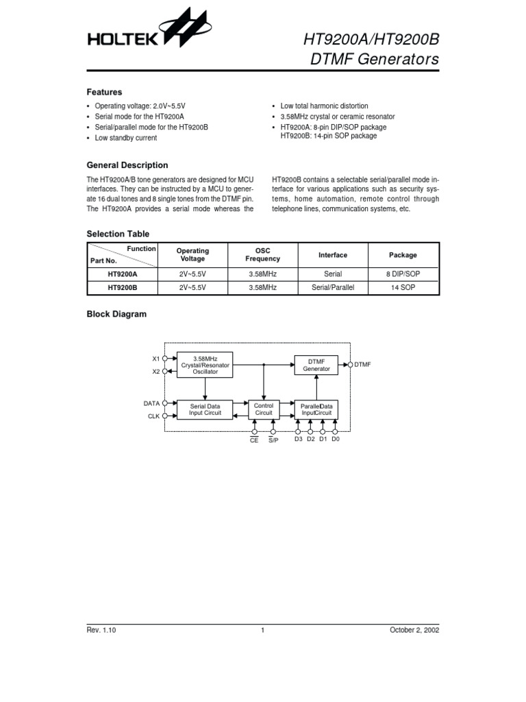 HT9200A/B DTMF Generator Overview | PDF