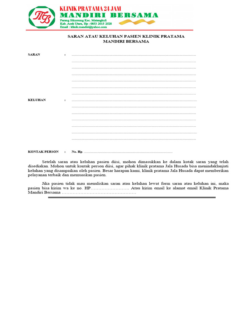 Form Saran Dan Keluhan Pasien | PDF