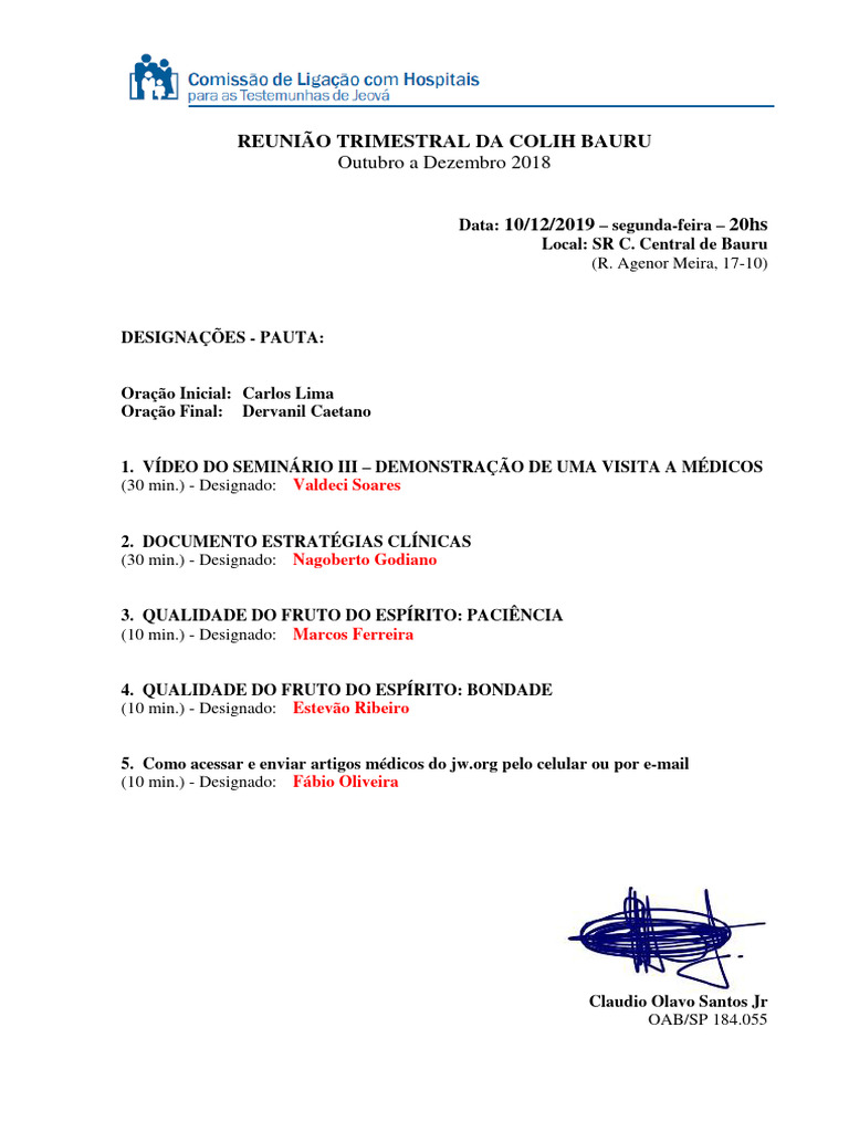 2018 12 10 Colih Bauru Reunião Trimestral | PDF