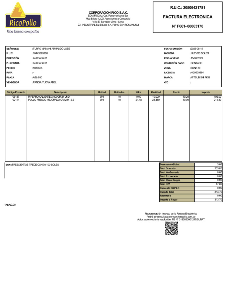 Factura Electronica: Corporacion Rico S.A.C | PDF | Pagos | Dinero