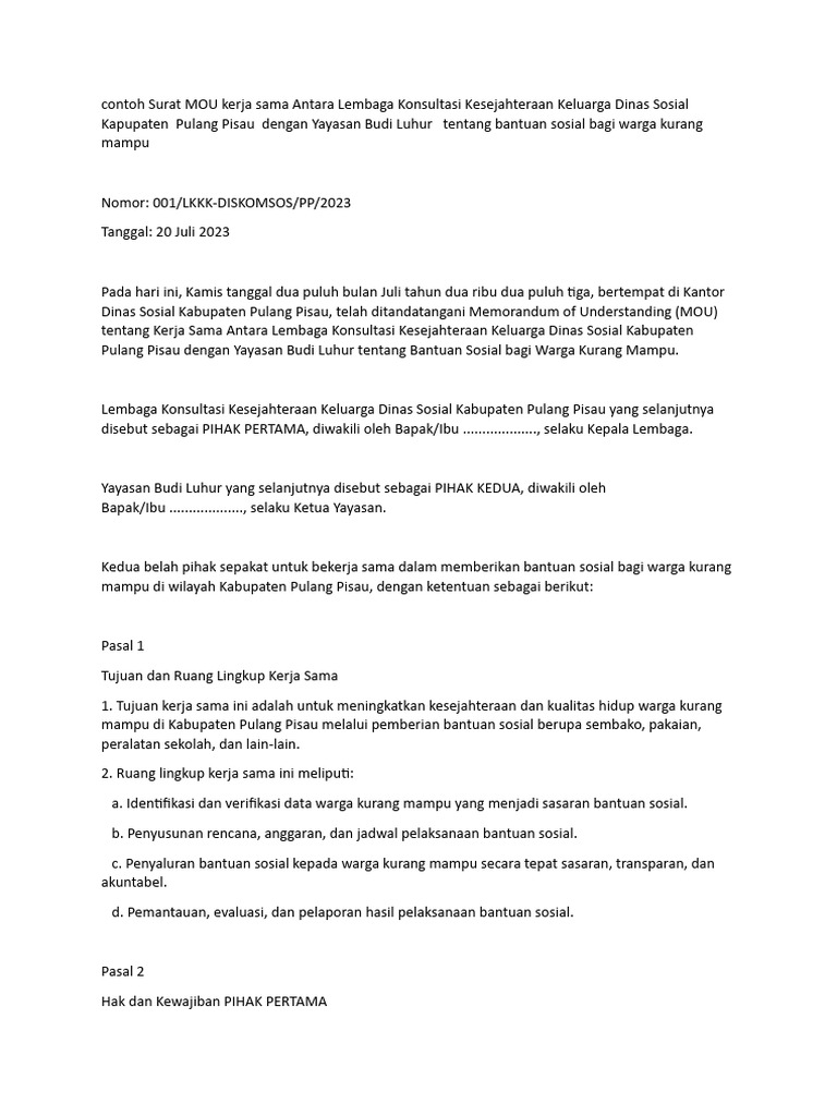 Contoh Surat MOU Kerja Sama Antara Lembaga Konsultasi Kesejahteraan ... Contoh Surat MOU Kerja Sama Antara Lembaga Konsultasi Kesejahteraan ...