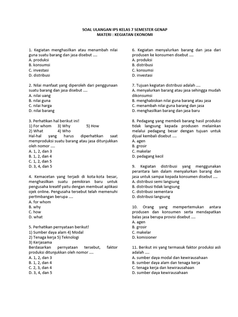 SOAL IPS KELAS 7 SEMESTER GENAP MATERI KEGIATAN EKONOMI | PDF