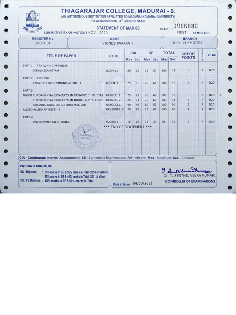 1st Semester Mark Sheet | PDF