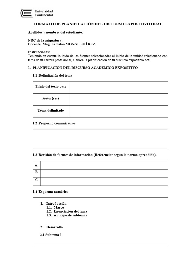 Formato de Planificación Del Discurso Expositivo Oral 2023 | PDF