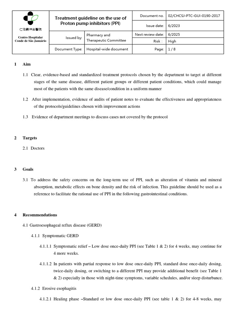 Treatment Guideline on the Use of PPI | PDF | Gastroesophageal Reflux ...