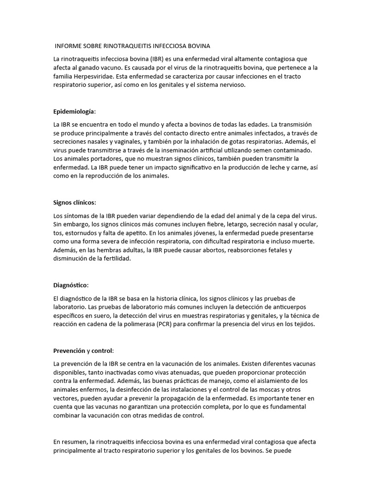 Informe Sobre Rinotraqueitis Infecciosa Bovina | PDF Informe Sobre Rinotraqueitis Infecciosa Bovina | PDF